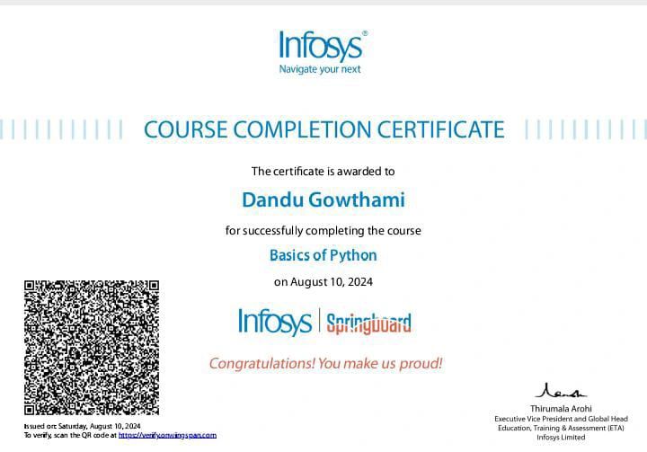 Dandu Gowthami on LinkedIn: #infosysspringboard #python #certificate Dandu Gowthami on LinkedIn: #infosysspringboard #python #certificate