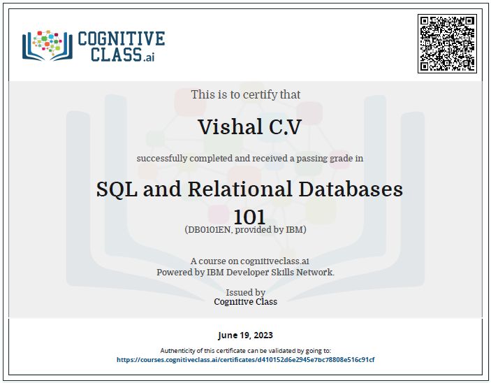 Vishal C V on LinkedIn: #sql #ibm #cognitiveclass Vishal C V on LinkedIn: #sql #ibm #cognitiveclass