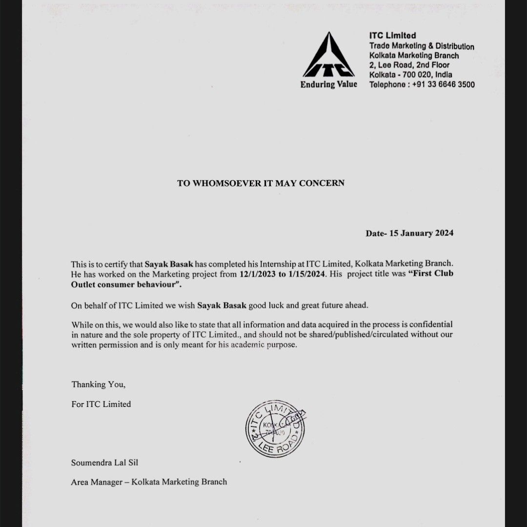 I have successfully completed my Winter Internship at ITC Limited . I ... I have successfully completed my Winter Internship at ITC Limited . I ...