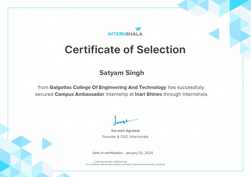 I was selected as a Campus Ambassador for Inari Shines | Satyam Singh ... I was selected as a Campus Ambassador for Inari Shines | Satyam Singh ...