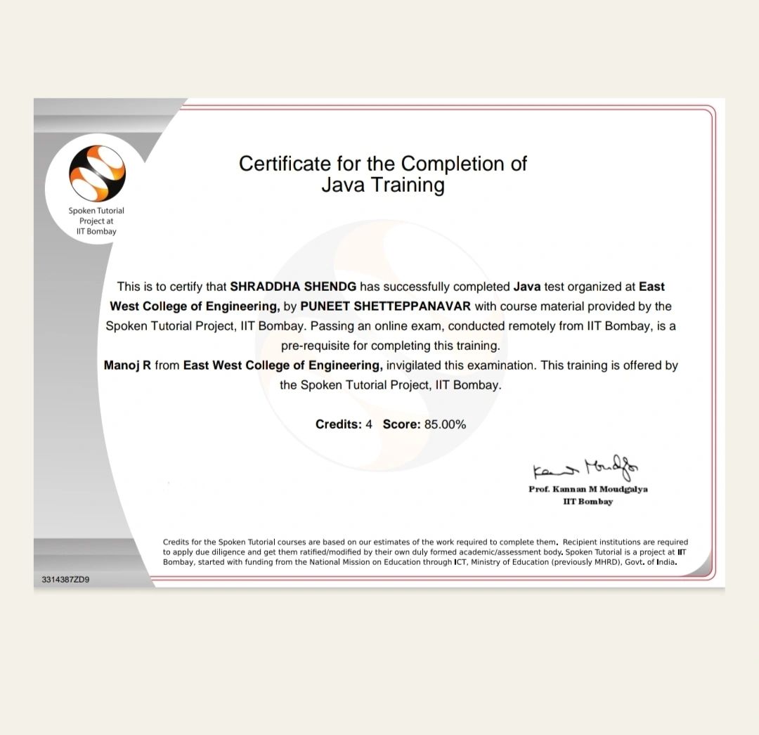 Completed Java training from IIT Bombay | Shraddha shendge Completed Java training from IIT Bombay | Shraddha shendge