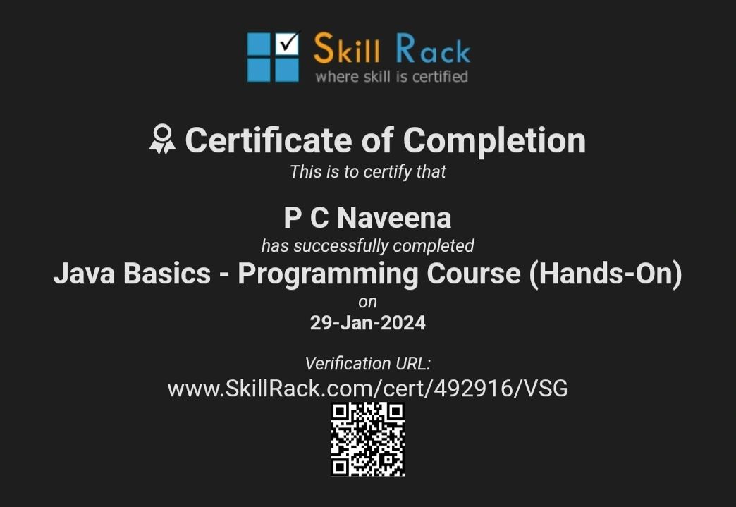 Completed Java course with Skillrack Platform | P C Naveena posted on ... Completed Java course with Skillrack Platform | P C Naveena posted on ...