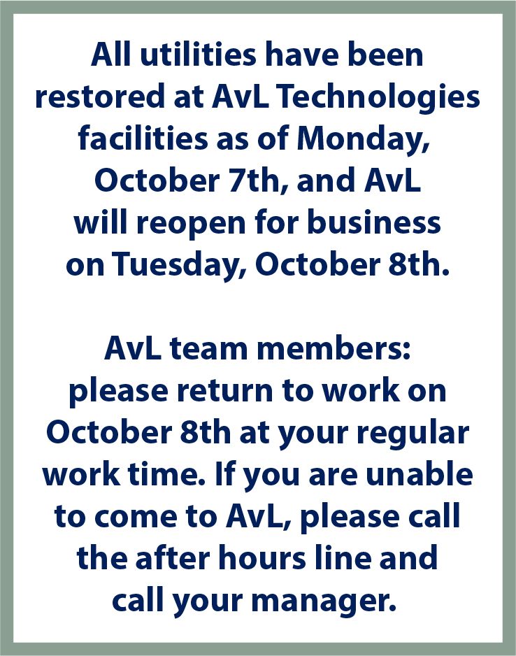 GOOD NEWS! All utilities have been restored at AvL Technologies ... GOOD NEWS! All utilities have been restored at AvL Technologies ...