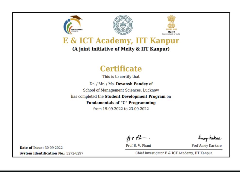 Devansh Pandey on LinkedIn: My certification in C programming language ... Devansh Pandey on LinkedIn: My certification in C programming language ...