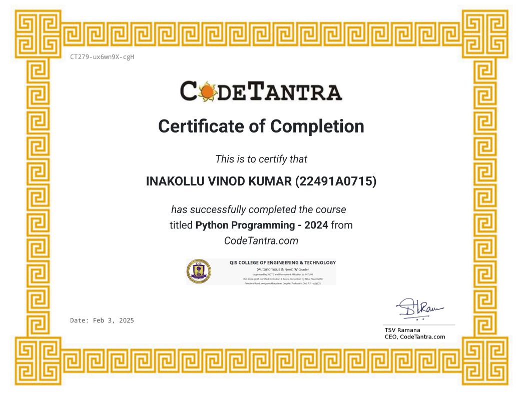 #python #coding #certification #codetantra | INAKOLLU VINOD KUMAR #python #coding #certification #codetantra | INAKOLLU VINOD KUMAR