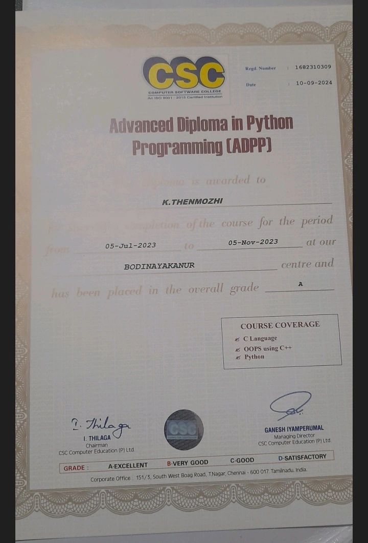 Thenmozhi Kumaresan on LinkedIn: Advance Diploma in python programming ... Thenmozhi Kumaresan on LinkedIn: Advance Diploma in python programming ...