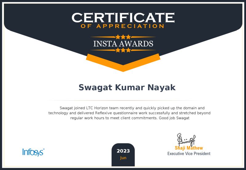 Swagat Kumar Nayak on LinkedIn: #infosys #instaaward #achievement | 20 ... Swagat Kumar Nayak on LinkedIn: #infosys #instaaward #achievement | 20 ...