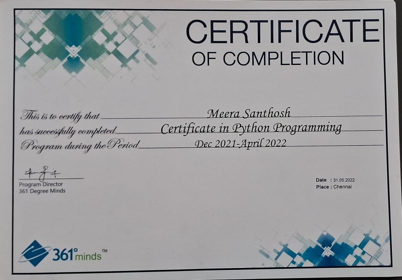 Meera Santhosh on LinkedIn: Completed a course on Python Programming ... Meera Santhosh on LinkedIn: Completed a course on Python Programming ...