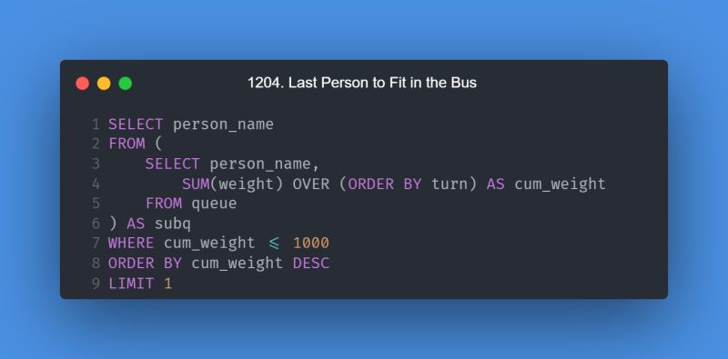 LeetCode Day 9 Challenge 35: The Last Person to Fit in the Bus ... LeetCode Day 9 Challenge 35: The Last Person to Fit in the Bus ...