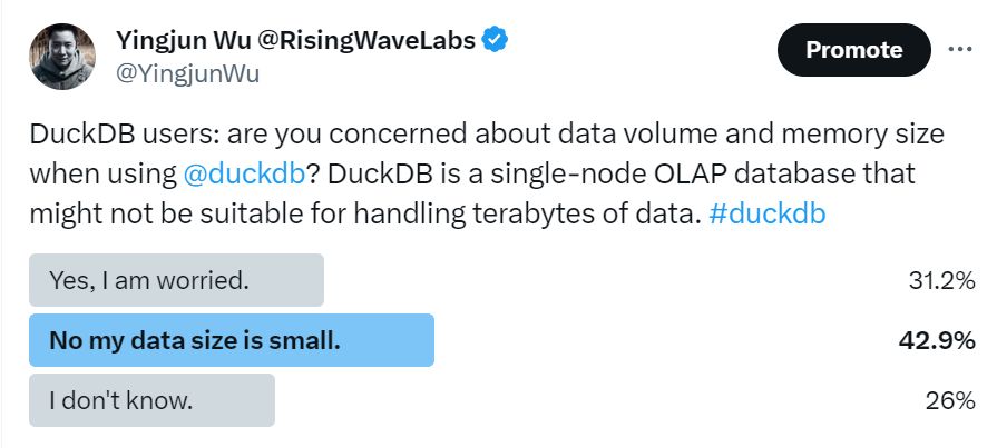 Yingjun Wu on LinkedIn: I am a fan of DuckDB. Meanwhile, as a startup ... Yingjun Wu on LinkedIn: I am a fan of DuckDB. Meanwhile, as a startup ...