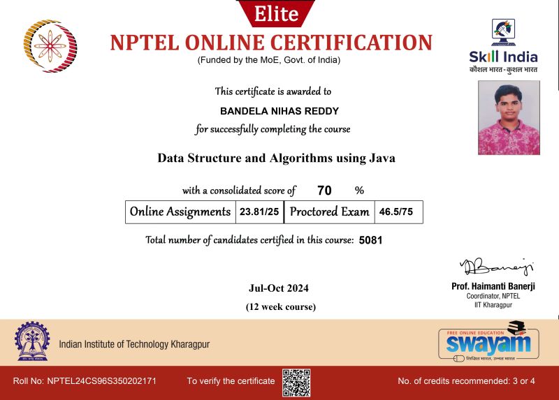 Nihas Reddy Bandela on LinkedIn: #nptel #certification #datastructures ... Nihas Reddy Bandela on LinkedIn: #nptel #certification #datastructures ...