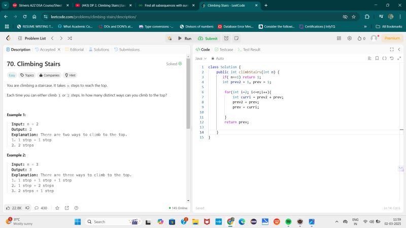 Started my 100-day Leetcode challenge! Day 21/100: 🚀 Problem: 70 ... Started my 100-day Leetcode challenge! Day 21/100: 🚀 Problem: 70 ...