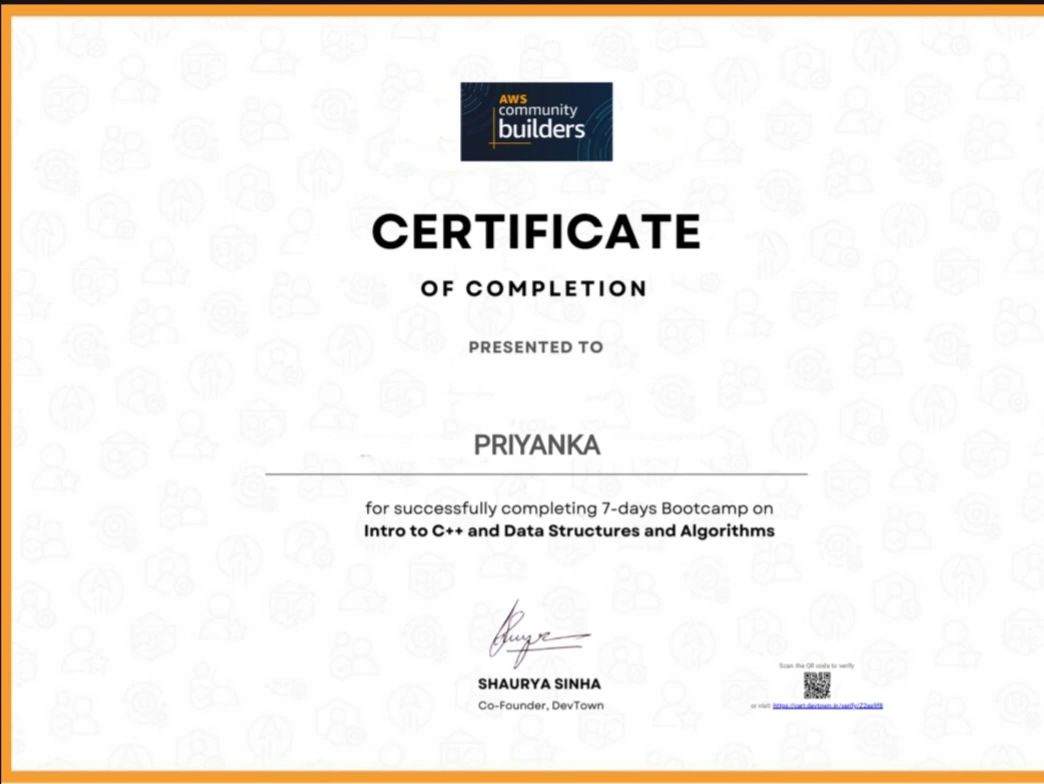 Priyanka Kumari on LinkedIn: #cplusplus #dsa #bootcampgraduate # ... Priyanka Kumari on LinkedIn: #cplusplus #dsa #bootcampgraduate # ...