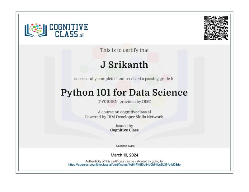 Passed Python 101 course on Data Science | J Srikanth posted on the ... Passed Python 101 course on Data Science | J Srikanth posted on the ...