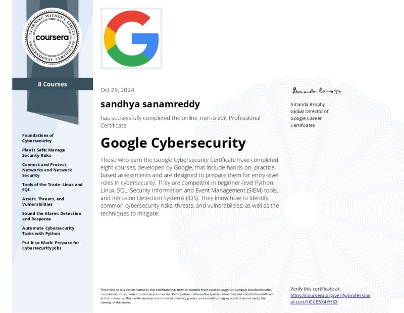 Sandhya Sanamreddy on LinkedIn: #cybersecurity #googlecareercertificate ... Sandhya Sanamreddy on LinkedIn: #cybersecurity #googlecareercertificate ...