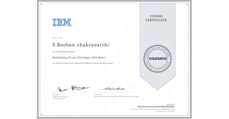 Completed 'Developing Front End Apps with React' course | Rooban ... Completed 'Developing Front End Apps with React' course | Rooban ...