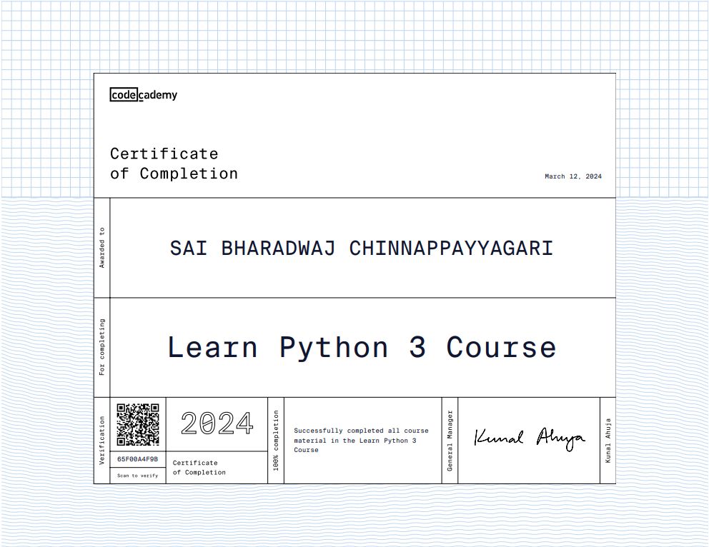 Earned Python 3 course from Codecademy | Sai Bharadwaj posted on the ... Earned Python 3 course from Codecademy | Sai Bharadwaj posted on the ...