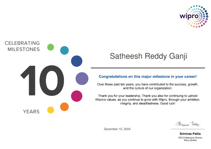 Satheesh Reddy Ganji on LinkedIn: Celebrating 10 Remarkable Years at Wipro. Satheesh Reddy Ganji on LinkedIn: Celebrating 10 Remarkable Years at Wipro.