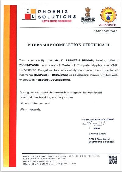 Praveen Kumar D on LinkedIn: Today received my internship certificate ... Praveen Kumar D on LinkedIn: Today received my internship certificate ...