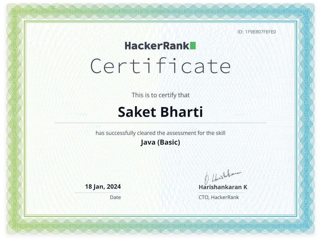 Saket Bharti on LinkedIn: #javacertification #hackerrank # ... Saket Bharti on LinkedIn: #javacertification #hackerrank # ...