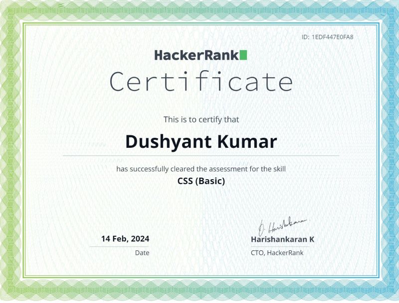 I earned CSS Certificate from Hacker Rank! | Dushyant Kumar posted on ... I earned CSS Certificate from Hacker Rank! | Dushyant Kumar posted on ...
