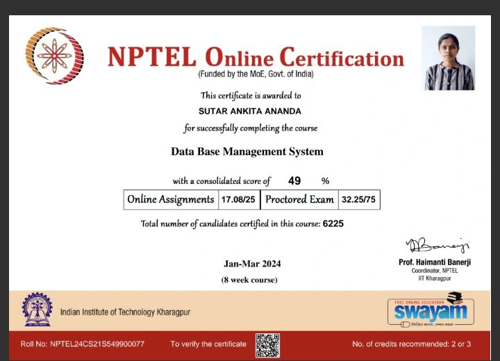 I have successfully completed DBMS intership from NPTEL | Ankita Sutar I have successfully completed DBMS intership from NPTEL | Ankita Sutar