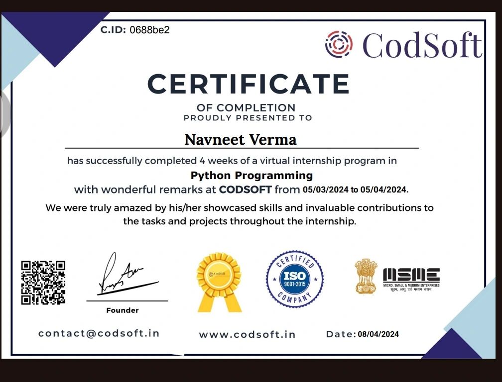 Navneet Verma on LinkedIn: #codsoft #codsoftinternship #pythonprogramming Navneet Verma on LinkedIn: #codsoft #codsoftinternship #pythonprogramming