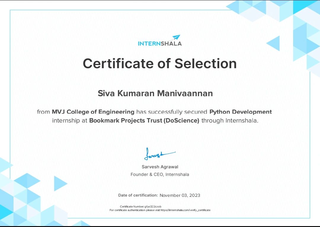 Siva Kumaran Manivaannan on LinkedIn: #pythondevelopmentintern # ... Siva Kumaran Manivaannan on LinkedIn: #pythondevelopmentintern # ...