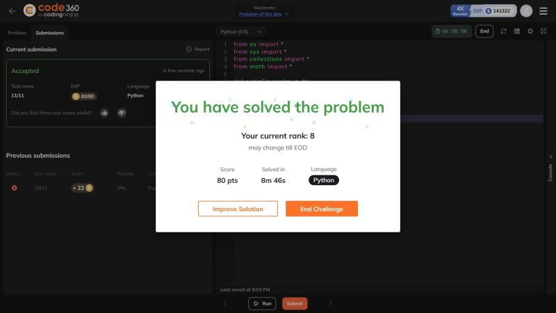 Solved Python problem on Coding Ninjas platform | Yethish pv posted on ... Solved Python problem on Coding Ninjas platform | Yethish pv posted on ...