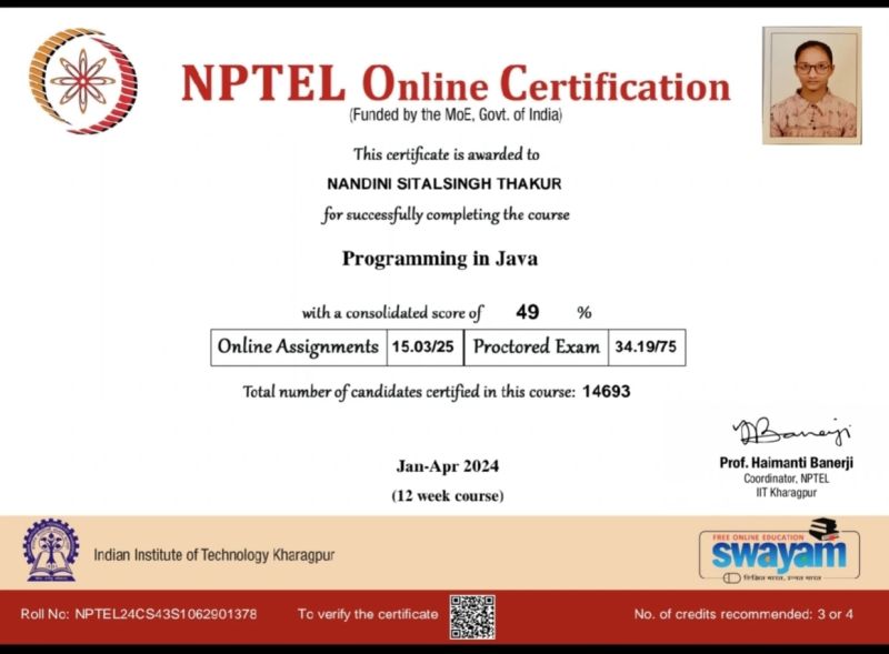 #nptel #javaprogramming #continuouslearning #iitkharagpur | Nandini Thakur #nptel #javaprogramming #continuouslearning #iitkharagpur | Nandini Thakur