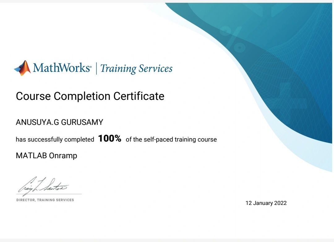 Completed MATLAB-Onramp course | ANUSUYA G posted on the topic | LinkedIn Completed MATLAB-Onramp course | ANUSUYA G posted on the topic | LinkedIn