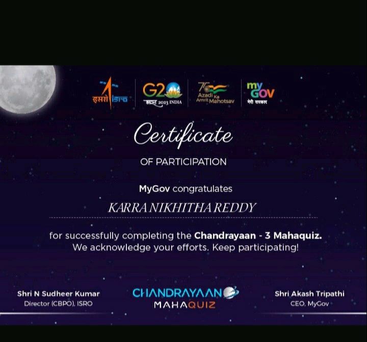 Karra Nikhitha Reddy on LinkedIn: # ISRO # chandrayan-3 # maha quiz Karra Nikhitha Reddy on LinkedIn: # ISRO # chandrayan-3 # maha quiz