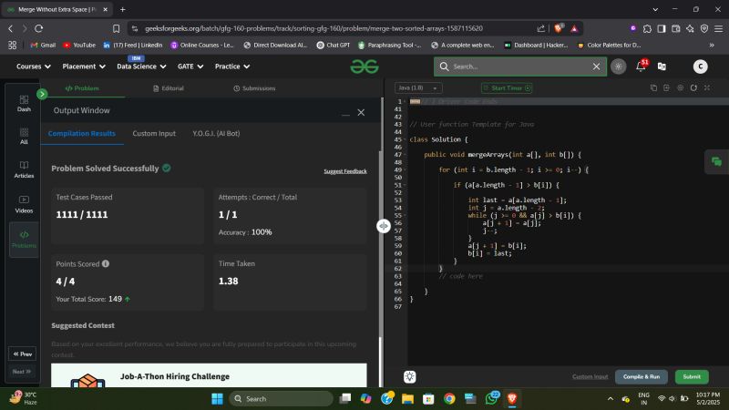 Day 27 – Merge Without Extra Space 📅 Date: May 2, 2025 🔹 Platform ... Day 27 – Merge Without Extra Space 📅 Date: May 2, 2025 🔹 Platform ...