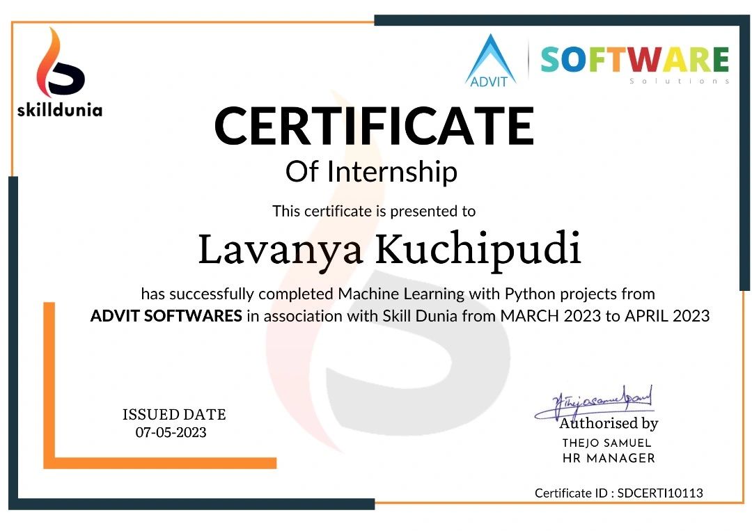 Completed my internship in MACHINE LEARNING with PYTHON | Lavanya ... Completed my internship in MACHINE LEARNING with PYTHON | Lavanya ...