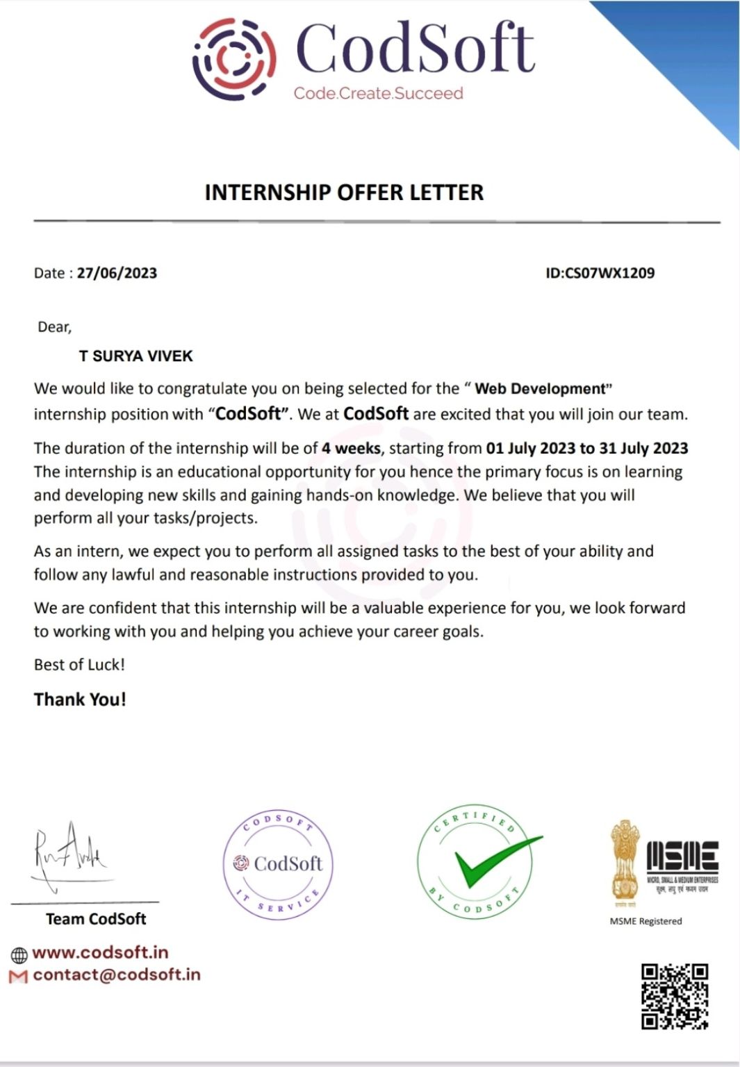 Surya Vivek on LinkedIn: #codsoft #webdevelopment #internship Surya Vivek on LinkedIn: #codsoft #webdevelopment #internship
