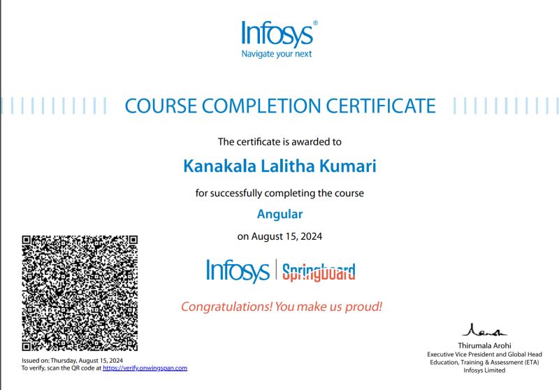 Kanakala Lalitha on LinkedIn: Angular course completion certificate.. Kanakala Lalitha on LinkedIn: Angular course completion certificate..