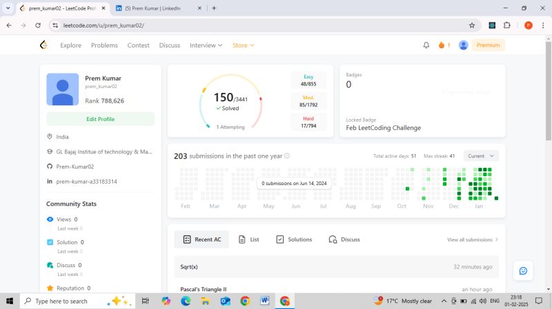 Prem Kumar on LinkedIn: 🚀 150 LeetCode Problems Solved! 🚀 Just 17 days ... Prem Kumar on LinkedIn: 🚀 150 LeetCode Problems Solved! 🚀 Just 17 days ...
