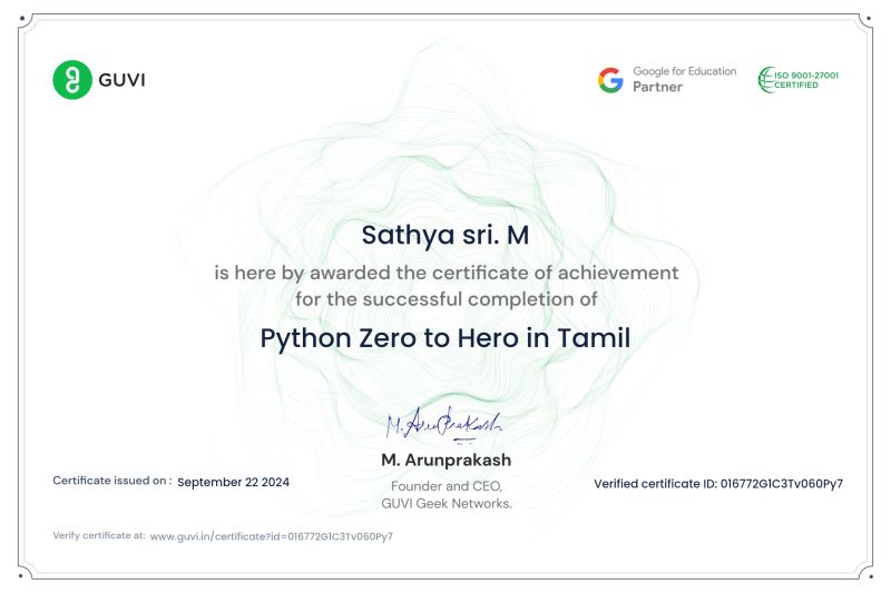 Sathya Mathavan on LinkedIn: #guvi #python #completion #achievement # ... Sathya Mathavan on LinkedIn: #guvi #python #completion #achievement # ...