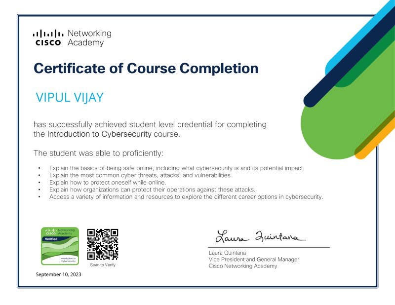 VIPUL VIJAY on LinkedIn: Certificate of Course Completion in Cybersecurity VIPUL VIJAY on LinkedIn: Certificate of Course Completion in Cybersecurity