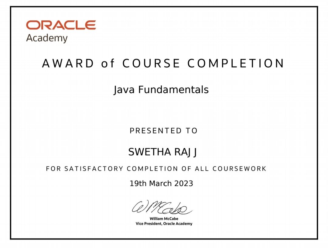 Swetha Joseph on LinkedIn: Completion of Java Fundamentals in ORACLE ... Swetha Joseph on LinkedIn: Completion of Java Fundamentals in ORACLE ...