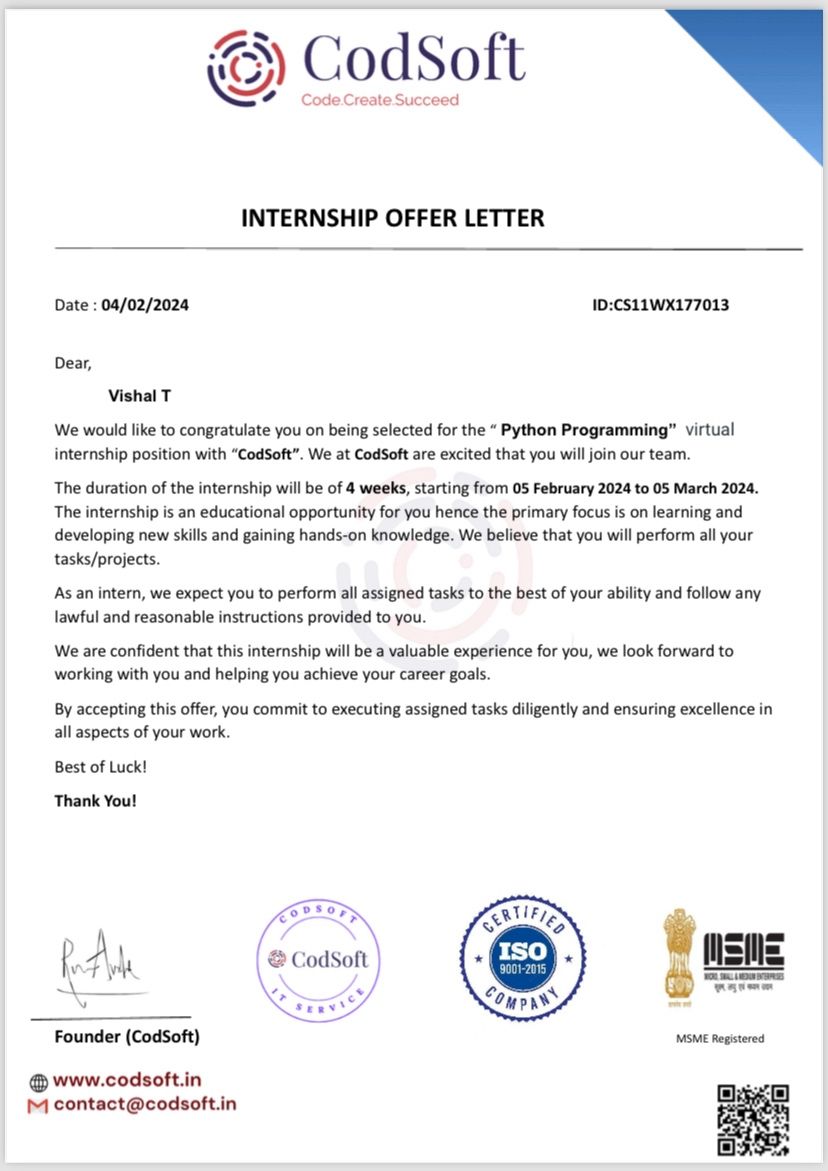 Vishal T on LinkedIn: #codesoft #codesoftinternship Vishal T on LinkedIn: #codesoft #codesoftinternship