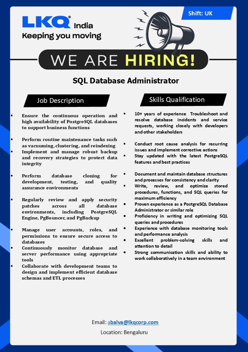 Pramod KB on LinkedIn: #hiring #sqldba #postgresql #sql #bengaluru # ... Pramod KB on LinkedIn: #hiring #sqldba #postgresql #sql #bengaluru # ...