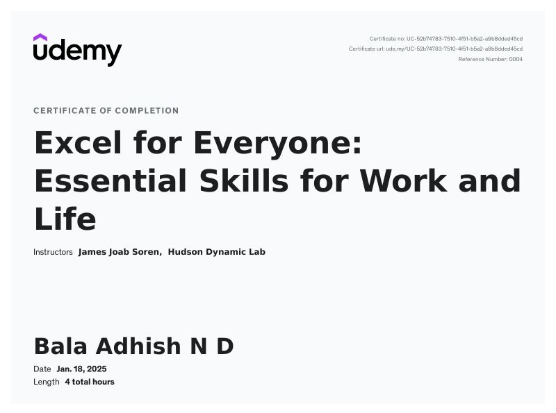 Bala Adhish N D on LinkedIn: #excelskills #professionalgrowth #udemy Bala Adhish N D on LinkedIn: #excelskills #professionalgrowth #udemy
