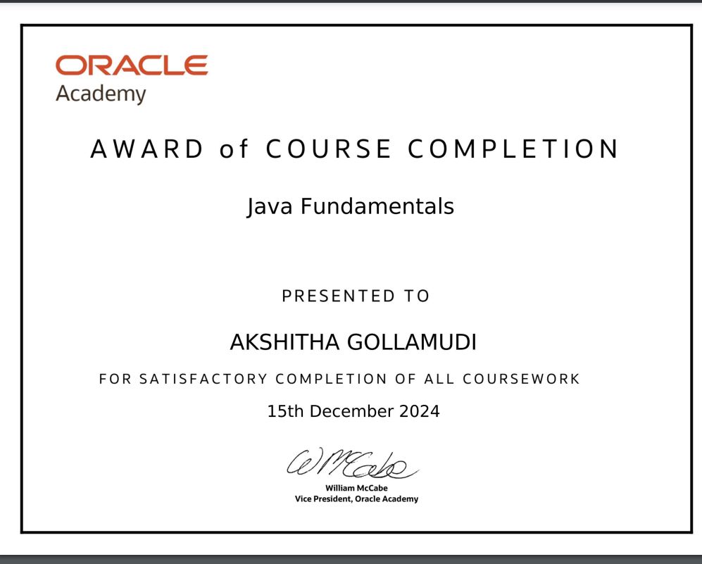 AKSHITHA GOLLAMUDI on LinkedIn: #oracleacademy #javaprogramming # ... AKSHITHA GOLLAMUDI on LinkedIn: #oracleacademy #javaprogramming # ...
