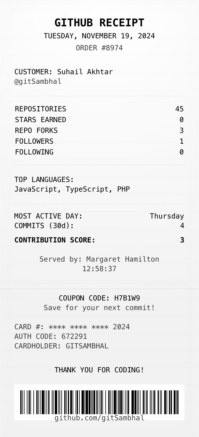 GitHub Receipt Generate a receipt-style summary of your GitHub ... GitHub Receipt Generate a receipt-style summary of your GitHub ...