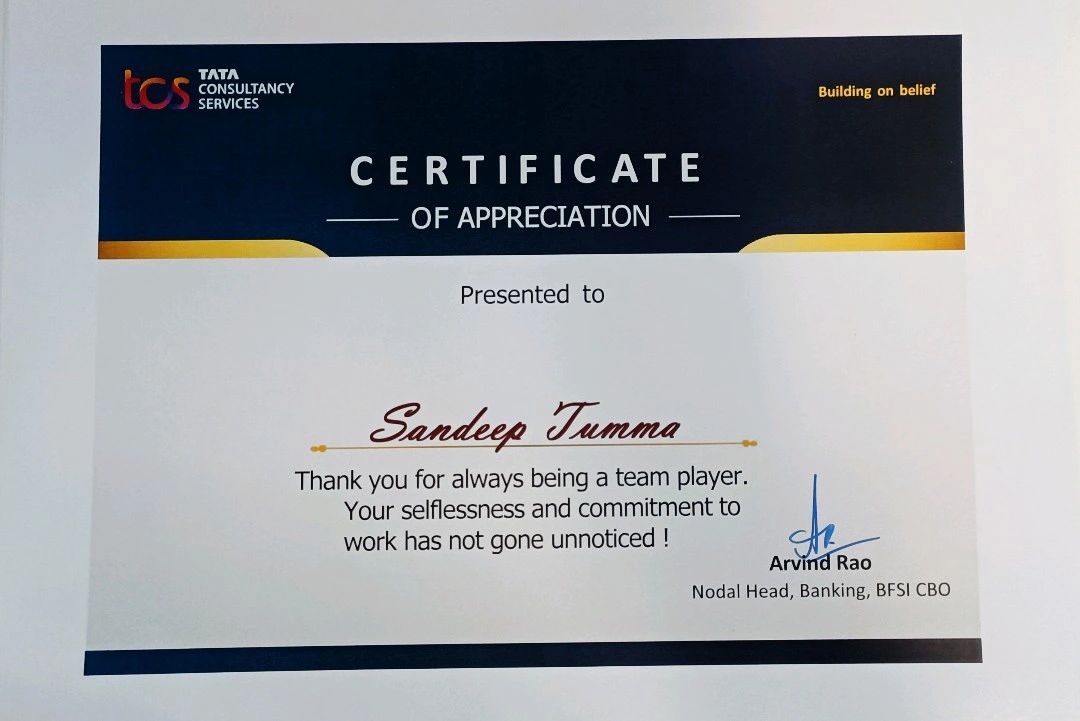 Tumma Sandeep on LinkedIn: Received Appreciation Certificate from BFSI ... Tumma Sandeep on LinkedIn: Received Appreciation Certificate from BFSI ...