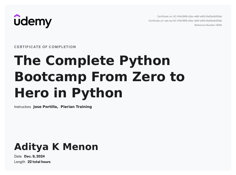Aditya K Menon on LinkedIn: #python #programming #certification #udemy Aditya K Menon on LinkedIn: #python #programming #certification #udemy