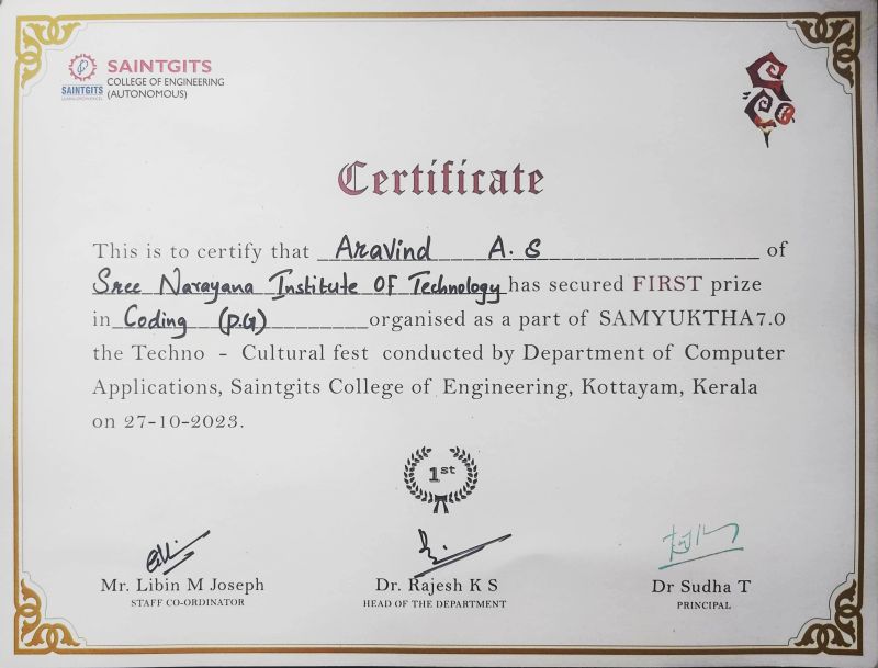 Aravind A S on LinkedIn: #coding #achievement #techfest Aravind A S on LinkedIn: #coding #achievement #techfest