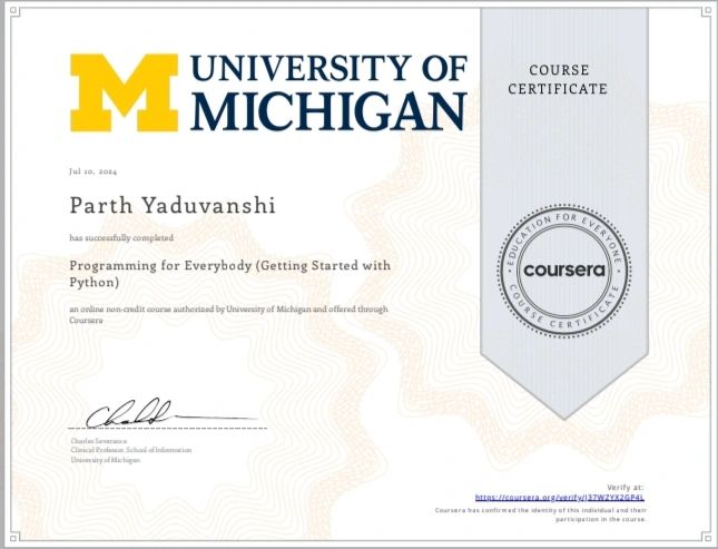 Completed Python course by University of Michigan | Parth Yaduvanshi ... Completed Python course by University of Michigan | Parth Yaduvanshi ...
