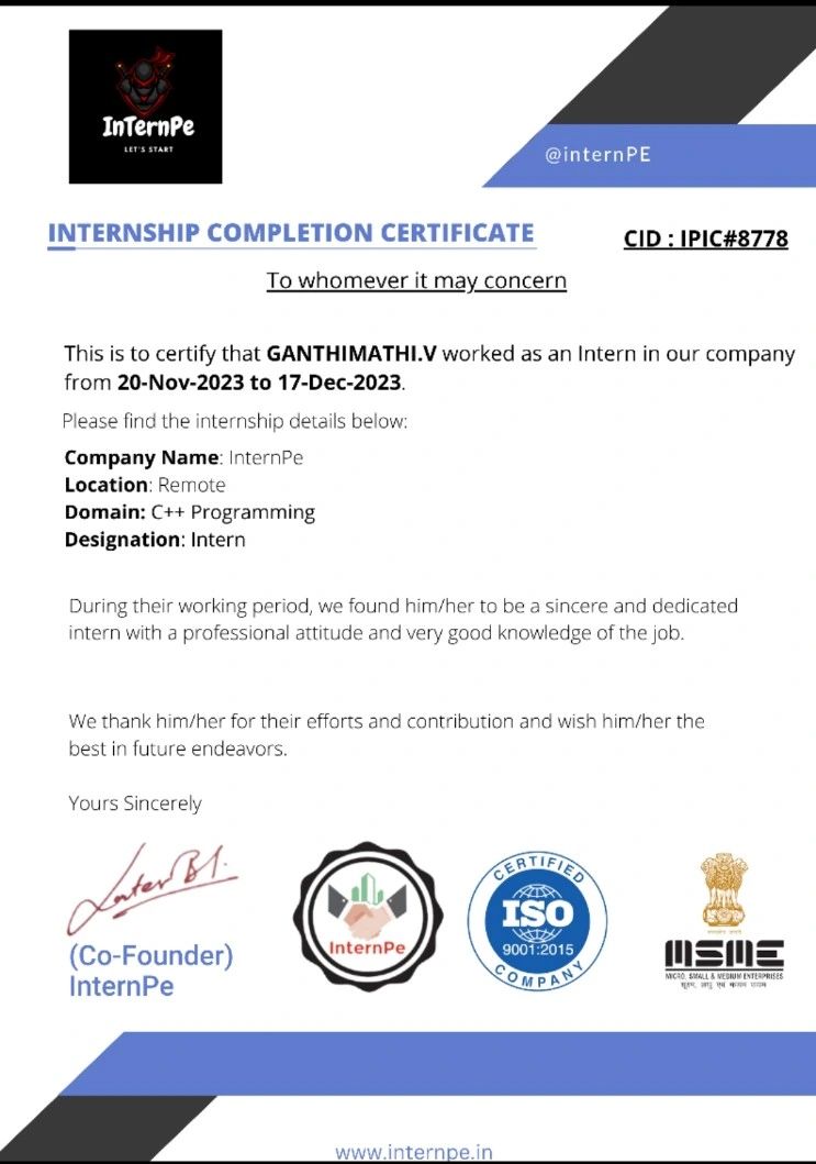 Ganthimathi .V on LinkedIn: #internshipcomplete #professionalgrowth # ... Ganthimathi .V on LinkedIn: #internshipcomplete #professionalgrowth # ...